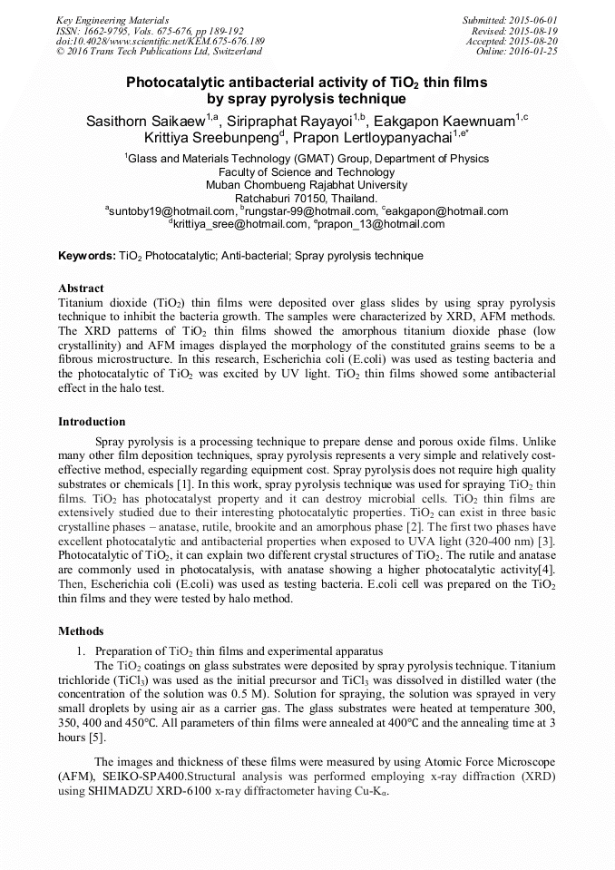 Photocatalytic Antibacterial Activity of TiO2 Thin Films by Spray ...