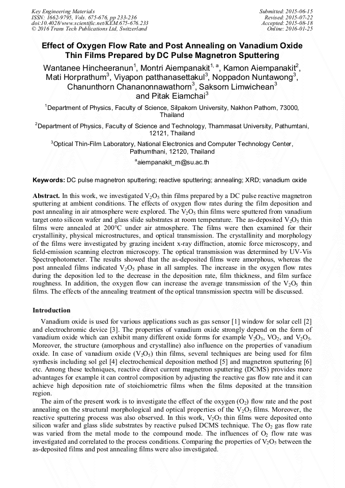 Effect of Oxygen Flow Rate and Post Annealing on Vanadium Oxide Thin ...
