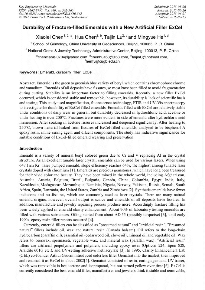 Durability of Fracture-Filled Emeralds with a New Artificial Filler ...