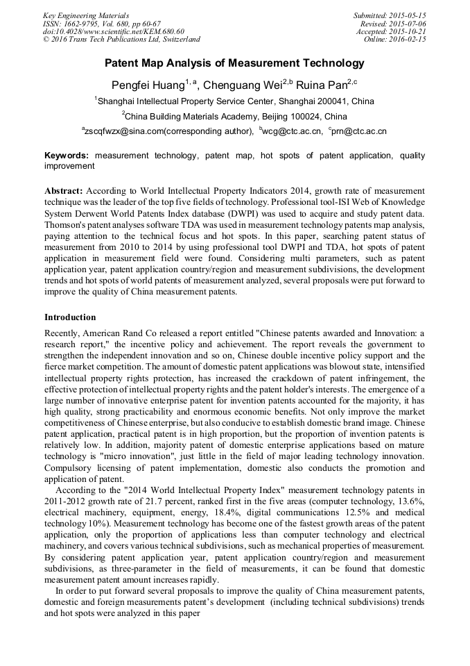 Patent Map Analysis of Measurement Technology | Scientific.Net