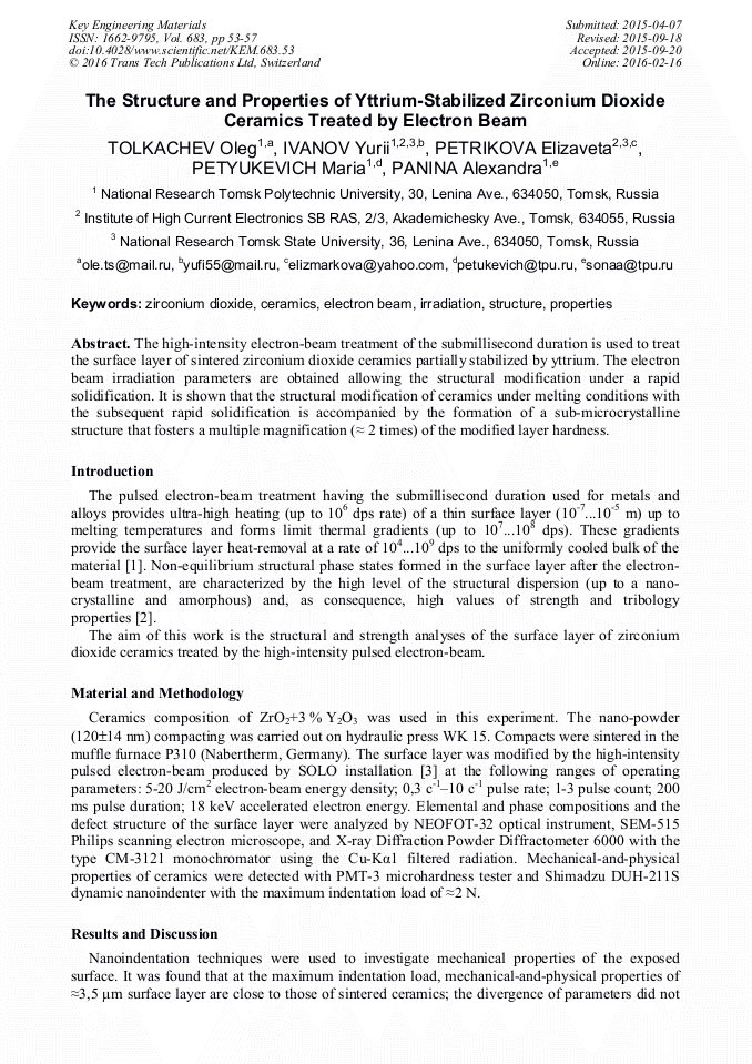 The Structure and Properties of Yttrium-Stabilized Zirconium Dioxide ...