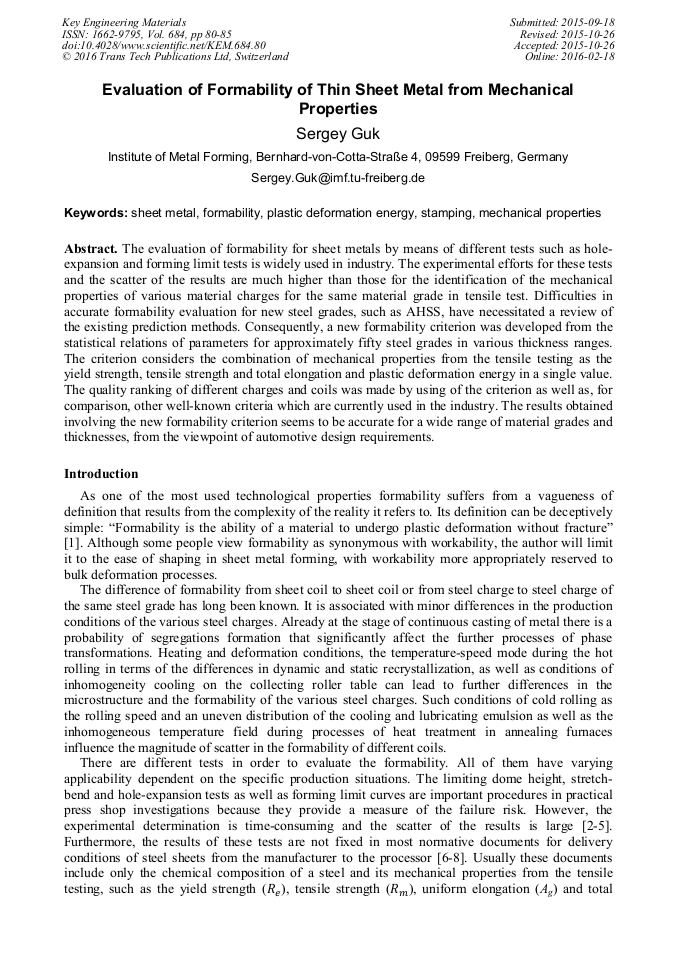 Evaluation of Formability of Thin Sheet Metal from Mechanical ...