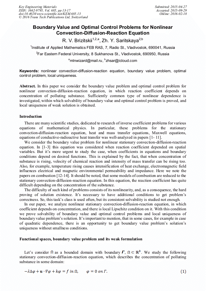 Boundary Value And Optimal Control Problems For Nonlinear Convection Diffusion Reaction Equation