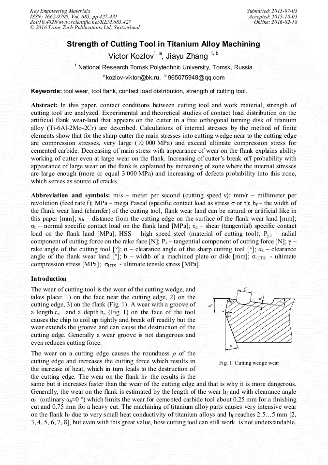 Strength of Cutting Tool in Titanium Alloy Machining | Scientific.Net