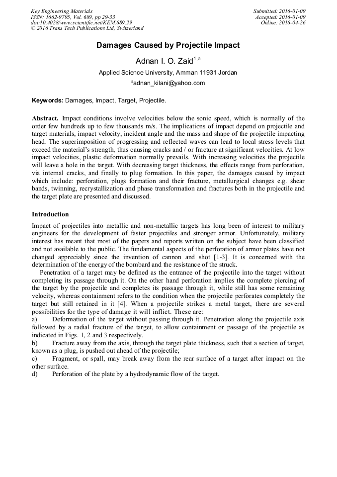 Damages Caused by Projectile Impact | Scientific.Net