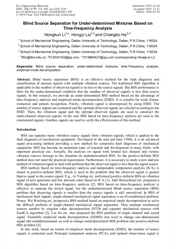 Blind Source Separation for Under-Determined Mixtures Based on Time ...