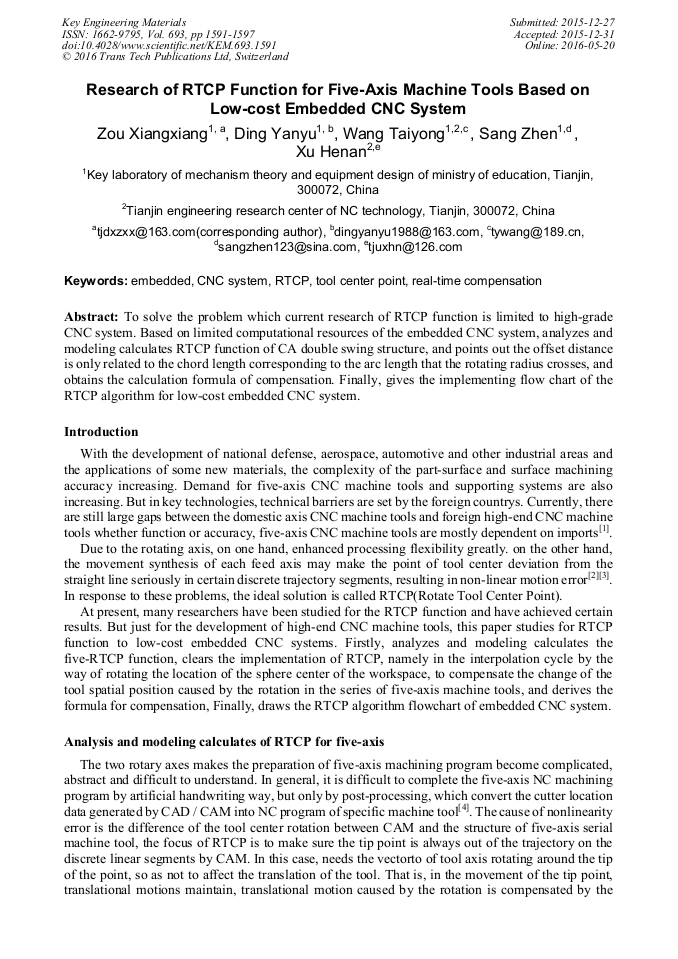 Research of RTCP Function for Five-Axis Machine Tools Based on Low-Cost ...
