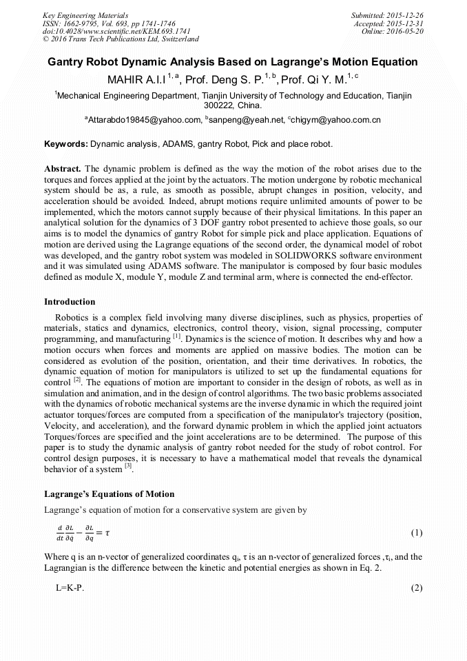 Gantry Robot Dynamic Analysis Based on Lagrange’s Motion Equation ...