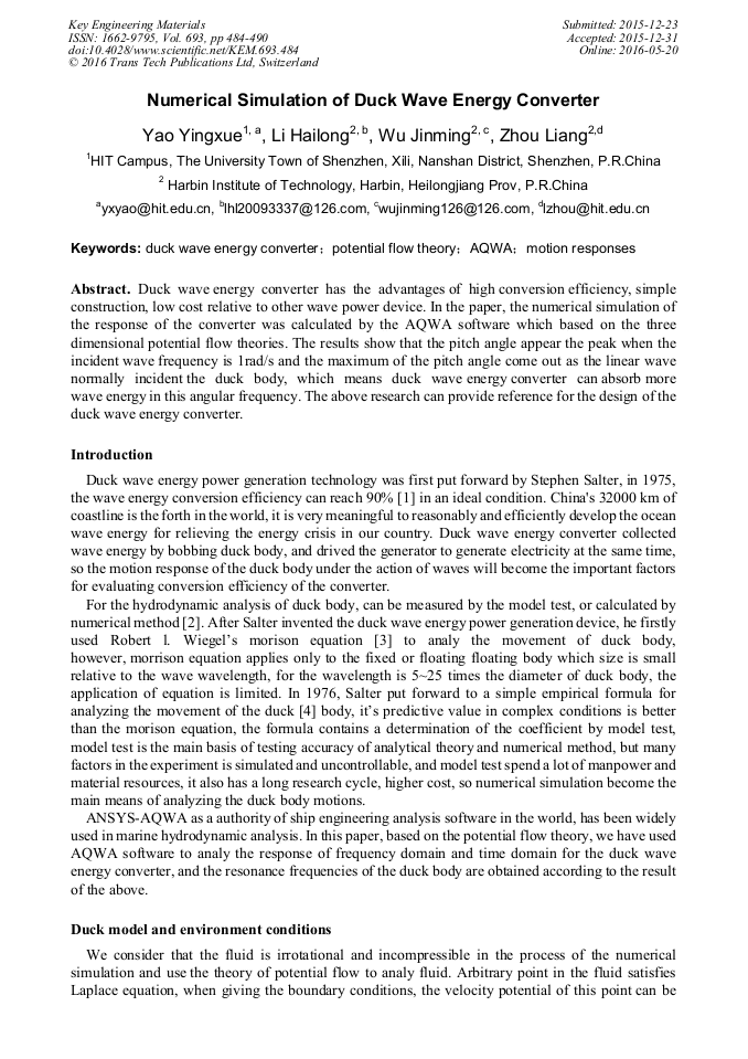 Numerical Simulation of Duck Wave Energy Converter | Scientific.Net