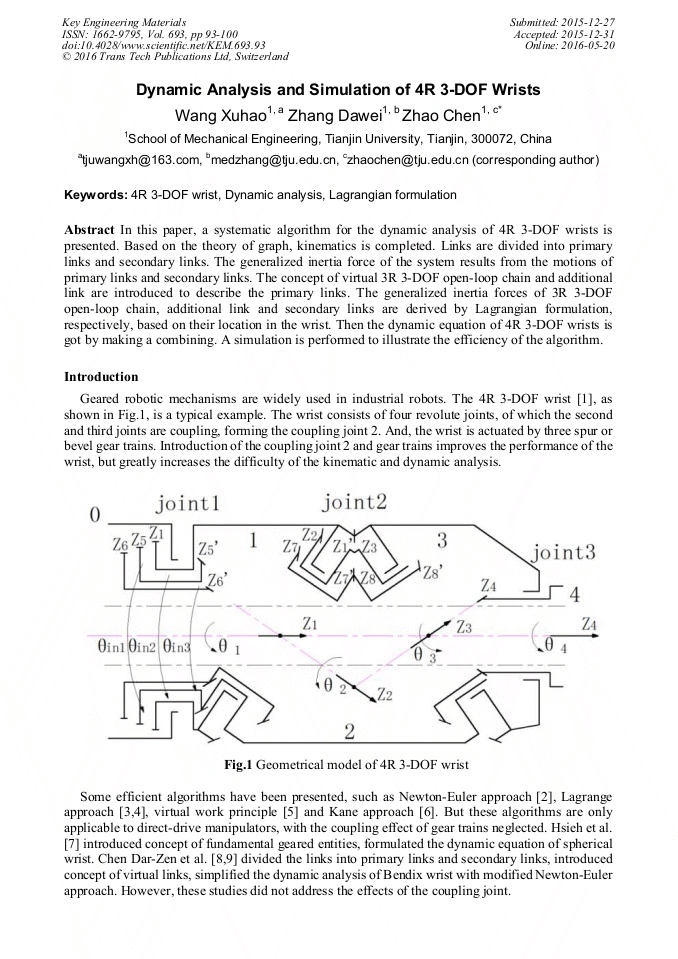 Dynamic Analysis and Simulation of 4R 3-DOF Wrists | Scientific.Net