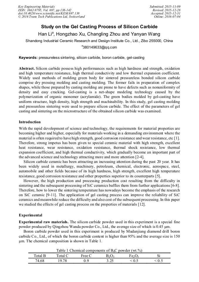 Study on the Gel Casting Process of Silicon Carbide | Scientific.Net