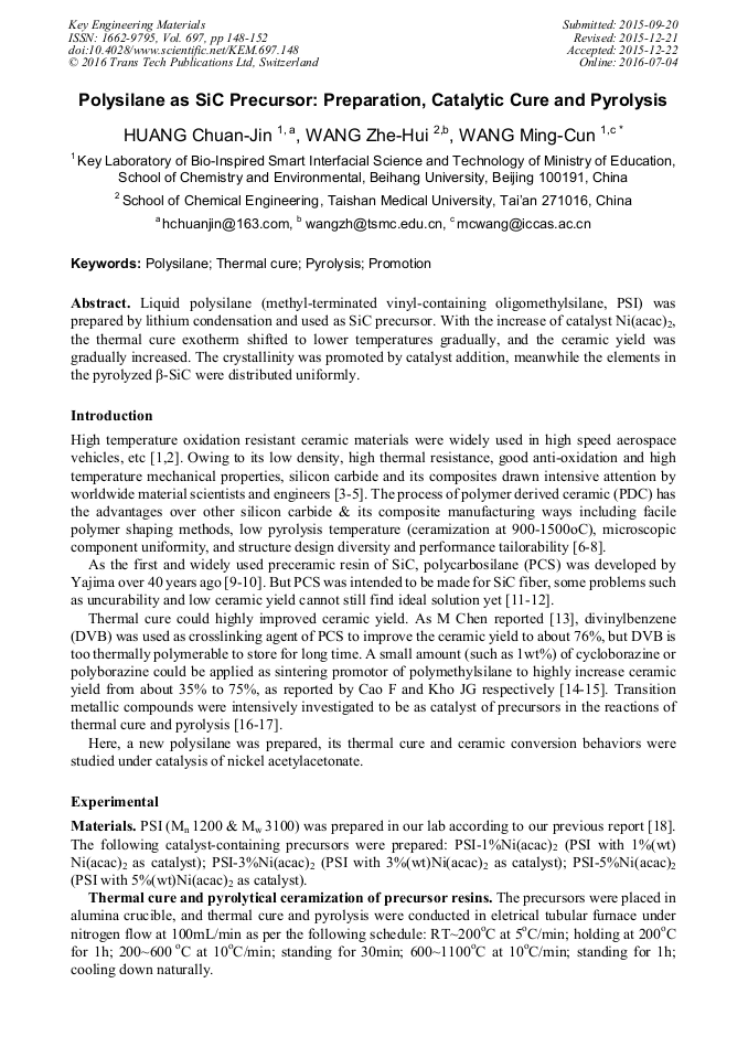 Polysilane as SiC Precursor: Preparation, Catalytic Cure and Pyrolysis ...