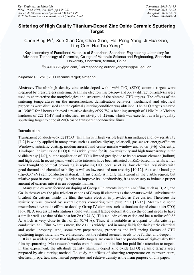 Sintering of High Quality Titanium-Doped Zinc Oxide Ceramic Sputtering ...