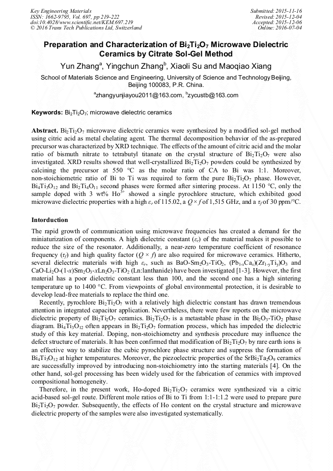 Preparation and Characterization of Bi2Ti2O7 Microwave Dielectric ...