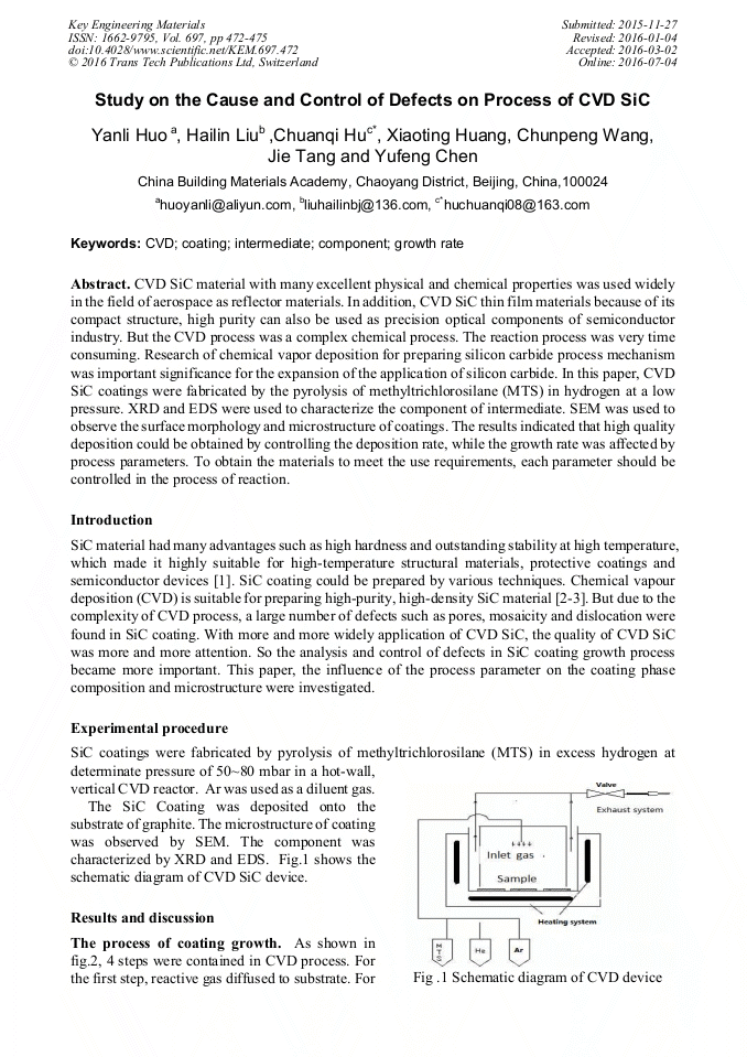 Study on the Cause and Control of Defects on Process of CVD SiC ...