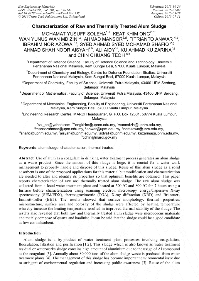 Characterization of Raw and Thermally Treated Alum Sludge | Scientific.Net