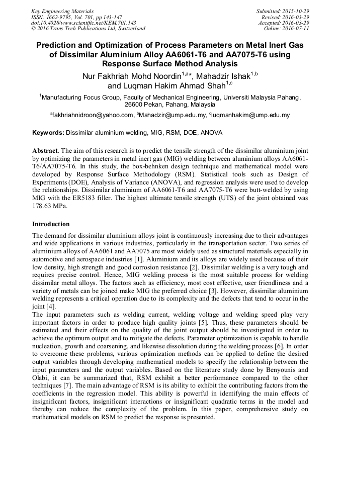 Prediction and Optimization of Process Parameters on Metal Inert Gas of Dissimilar Aluminium ...