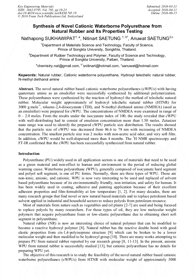Synthesis of Novel Cationic Waterborne Polyurethane from Natural Rubber ...