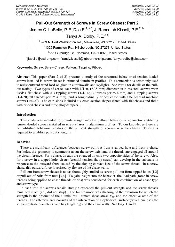 Pull-Out Strength of Screws in Screw Chases: Part 2 | Scientific.Net
