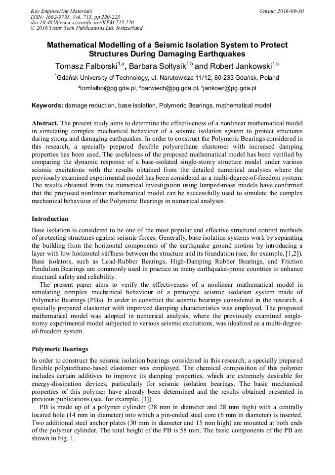 Mathematical Modelling of a Seismic Isolation System to Protect ...