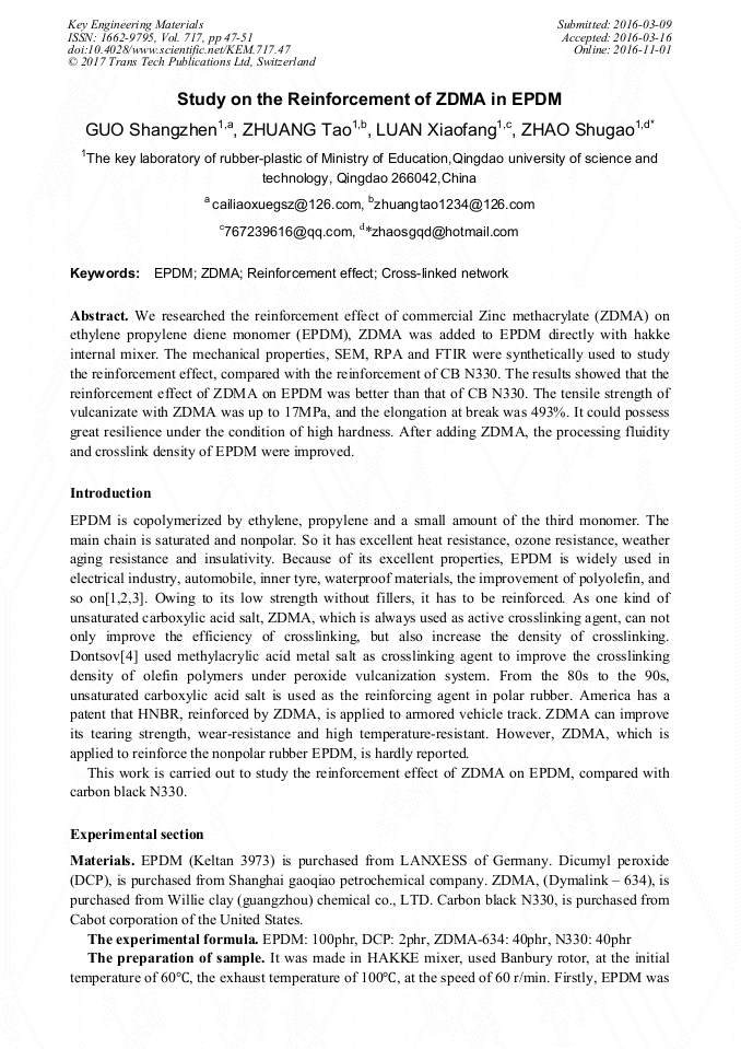 Study on the Reinforcement of ZDMA in EPDM | Scientific.Net