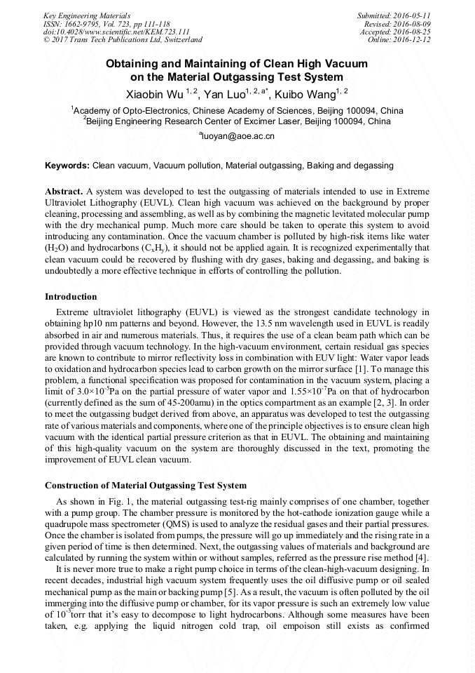 Obtaining and Maintaining of Clean High Vacuum on the Material ...