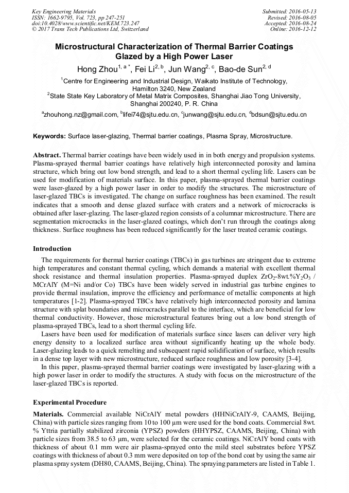 Microstructural Characterization of Thermal Barrier Coatings Glazed by a High Power Laser ...
