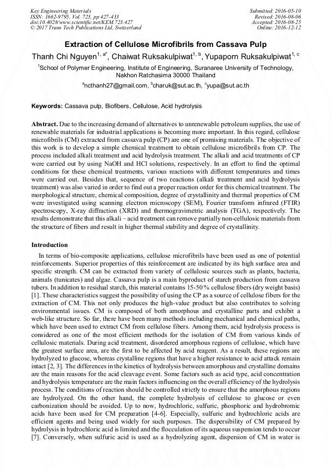 Extraction of Cellulose Microfibrils from Cassava Pulp | Scientific.Net