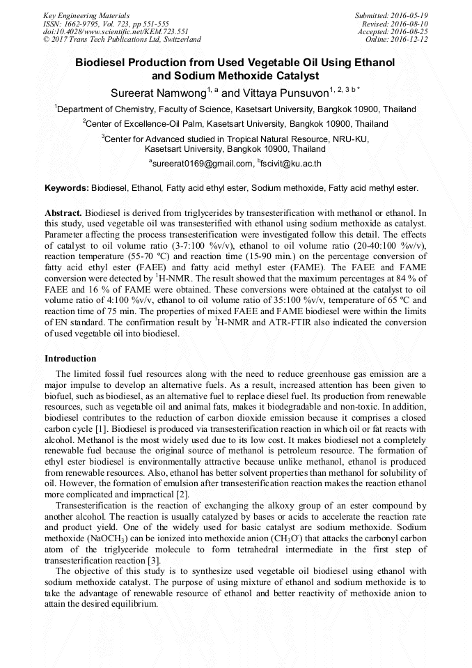 Biodiesel Production from Used Vegetable Oil Using Ethanol and Sodium ...