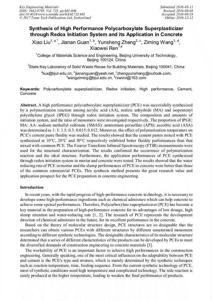 Synthesis of High Performance Polycarboxylate Superplasticizer through ...
