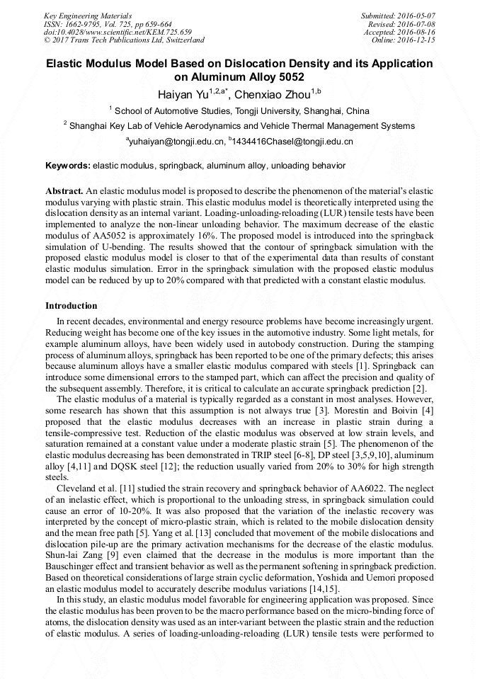 Elastic Modulus Model Based on Dislocation Density and its Application ...