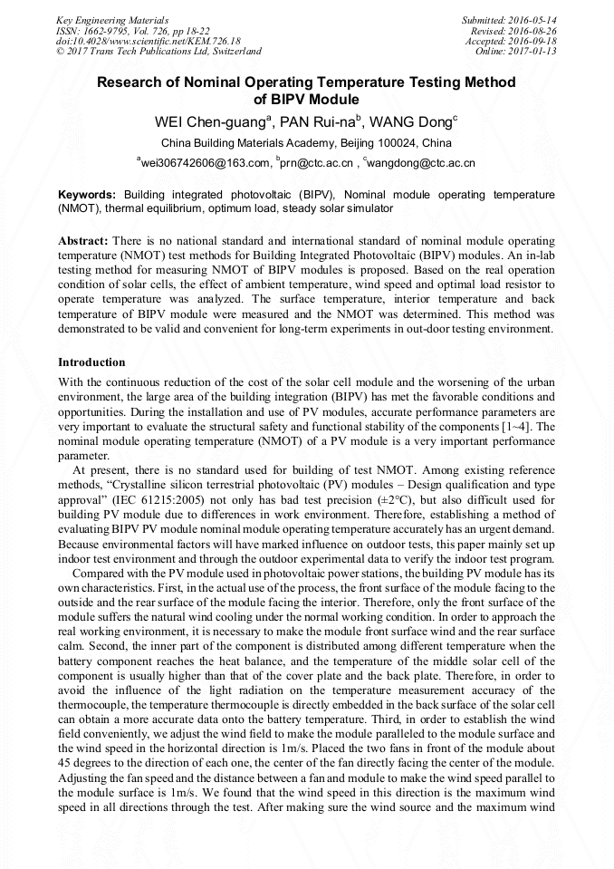 Research of Nominal Operating Temperature Testing Method of BIPV Module ...