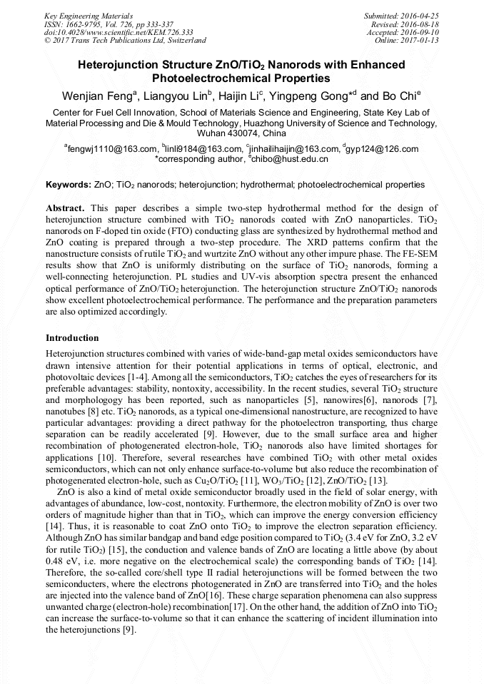 Heterojunction Structure ZnO/TiO2 Nanorods with Enhanced ...