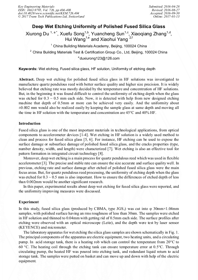 Deep Wet Etching Uniformity of Polished Fused Silica Glass | Scientific.Net
