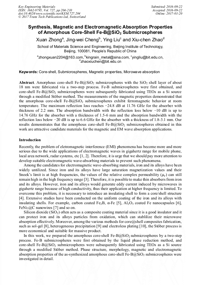 Synthesis, Magnetic and Electromagnetic Absorption Properties of ...