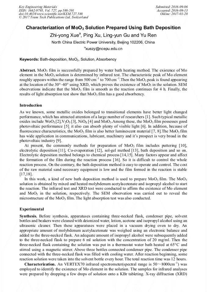 Characterization of MoO3 Solution Prepared Using Bath Deposition ...