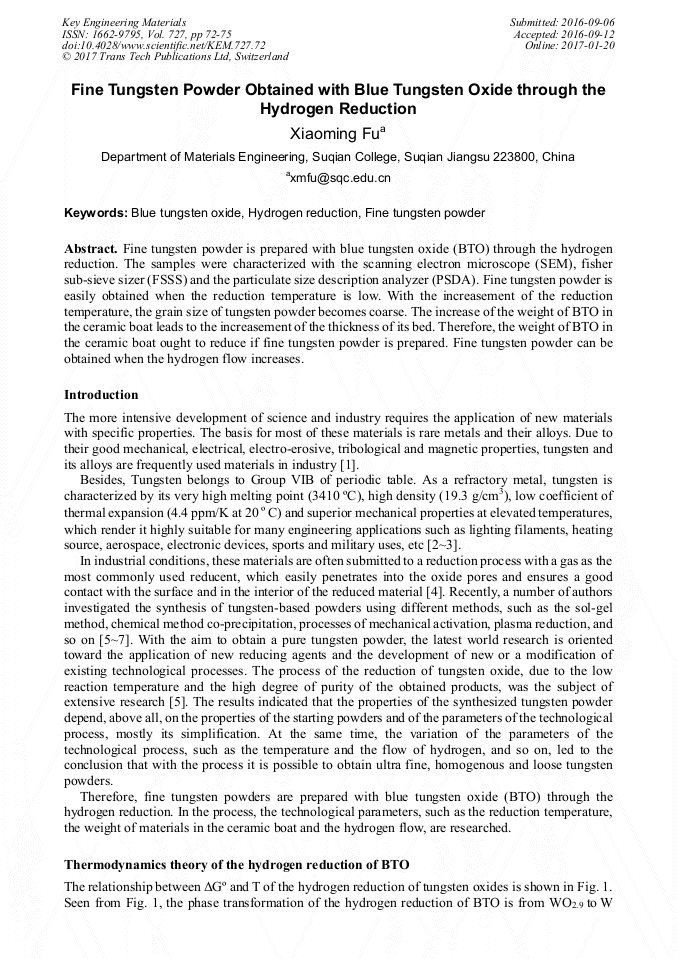 Fine Tungsten Powder Obtained with Blue Tungsten Oxide through the ...