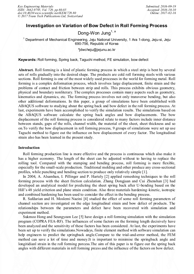 Investigation on Variation of Bow Defect in Roll Forming Process ...