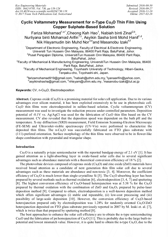 Cyclic Voltammetry Measurement for n-Type Cu2O Thin Film Using Copper ...