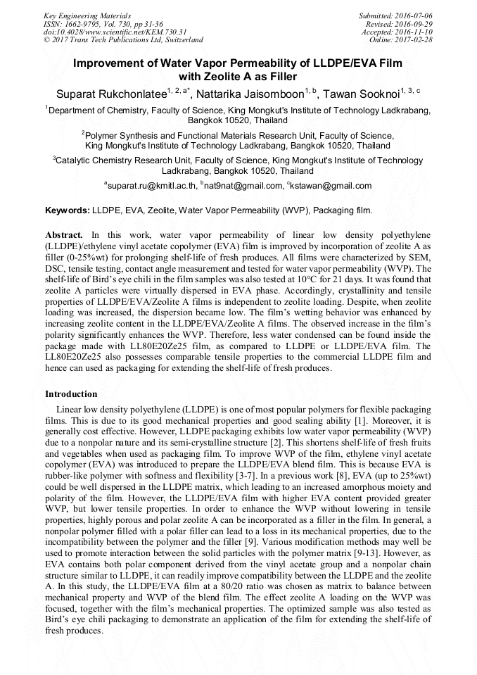 Improvement of Water Vapor Permeability of LLDPE/EVA Film with Zeolite ...