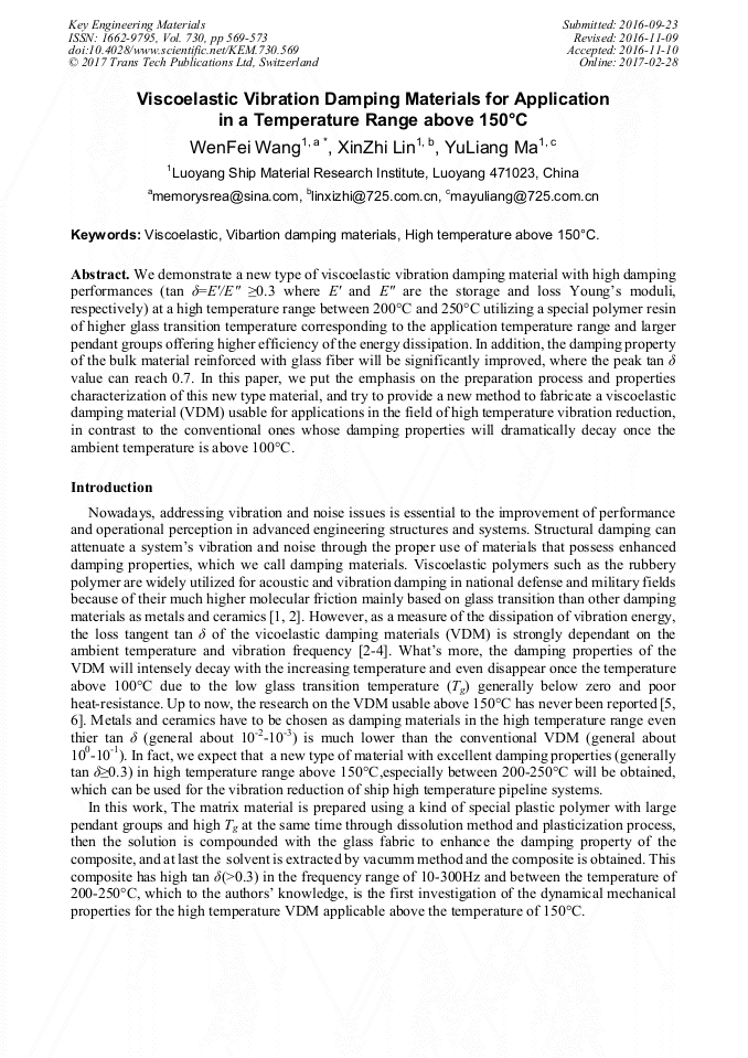 Viscoelastic Vibration Damping Materials for Application in a ...