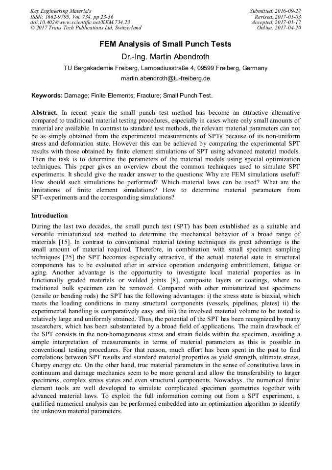 FEM Analysis of Small Punch Tests | Scientific.Net
