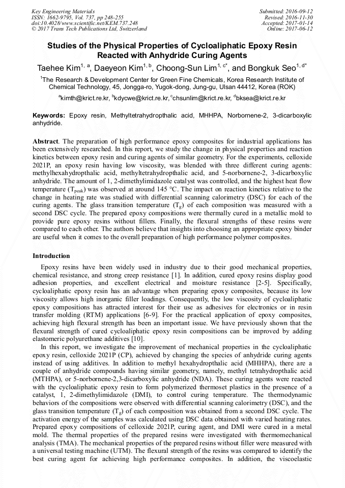 Studies of the Physical Properties of Cycloaliphatic Epoxy Resin ...