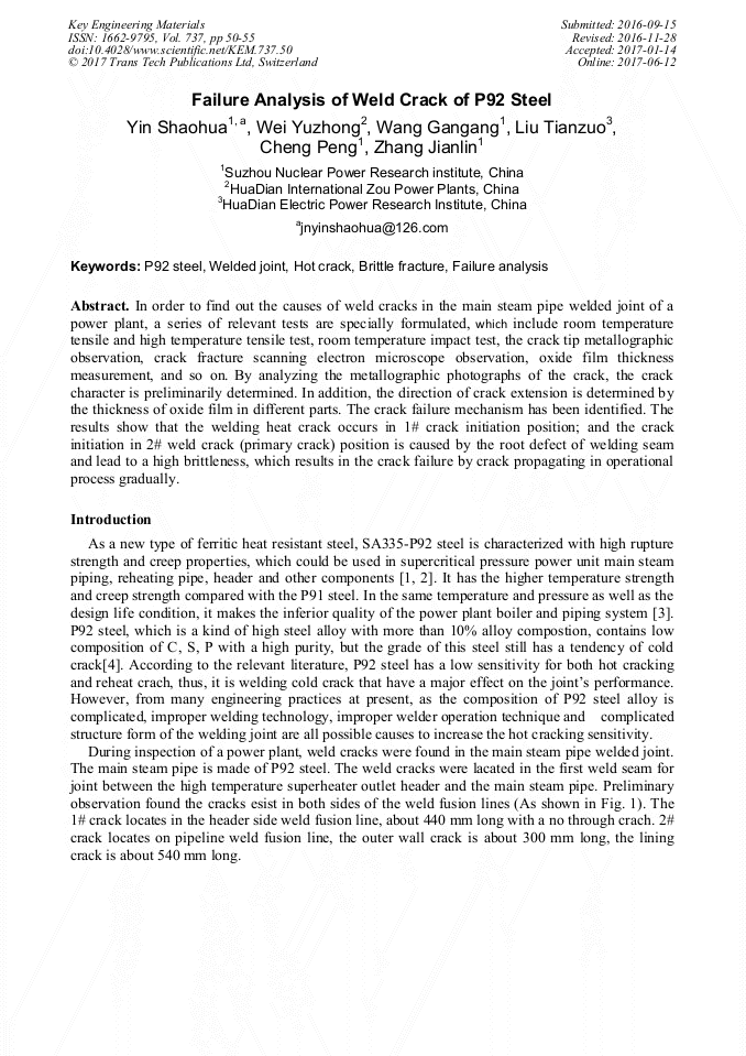 Failure Analysis of Weld Crack of P92 Steel | Scientific.Net