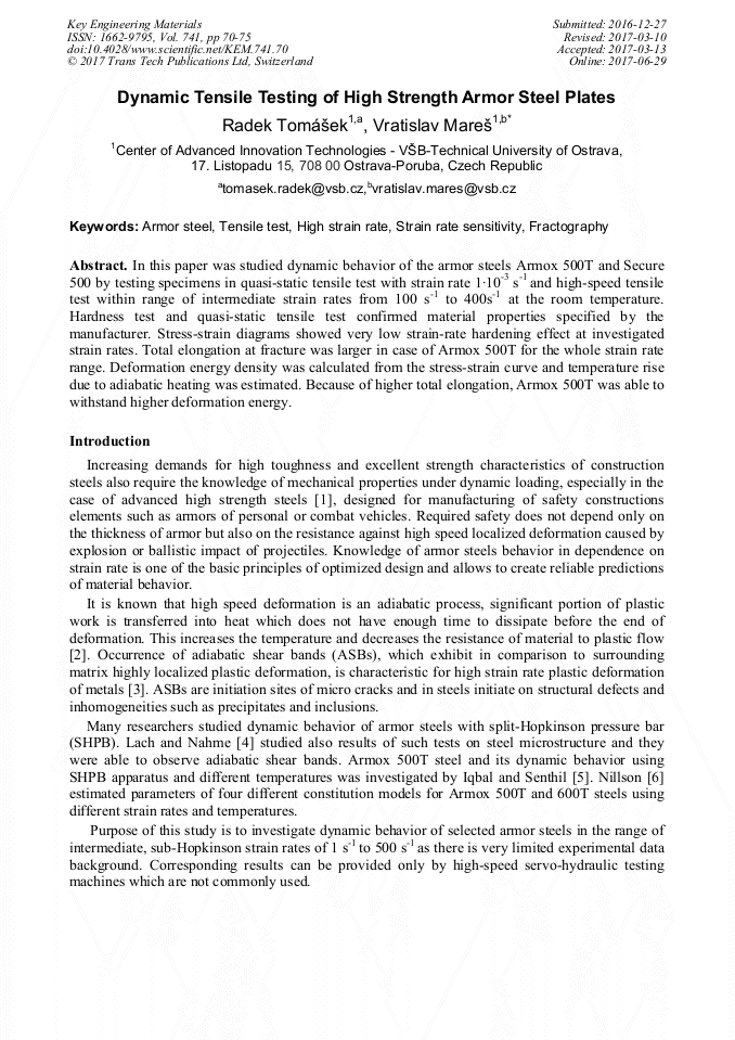 Dynamic Tensile Testing of High Strength Armor Steel Plates ...