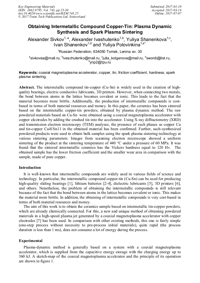 Obtaining Intermetallic Compound Copper-Tin: Plasma Dynamic Synthesis ...