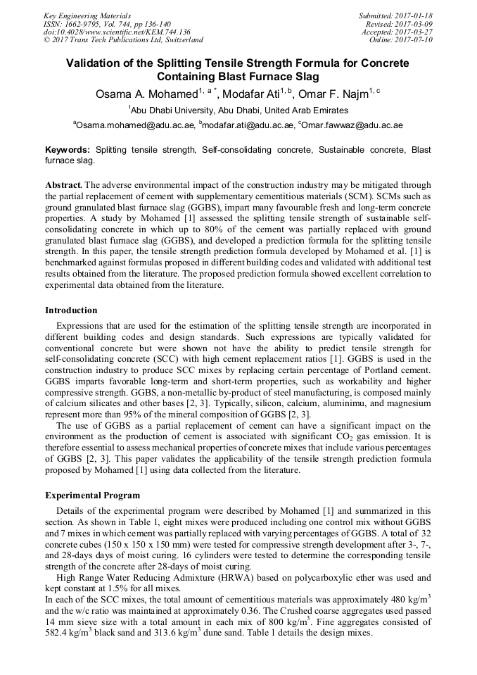 Validation of the Splitting Tensile Strength Formula for Concrete ...