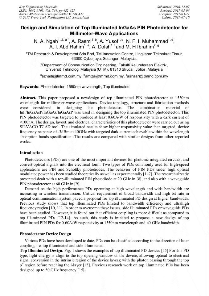 Design and Simulation of Top Illuminated InGaAs PIN Photodetector for ...