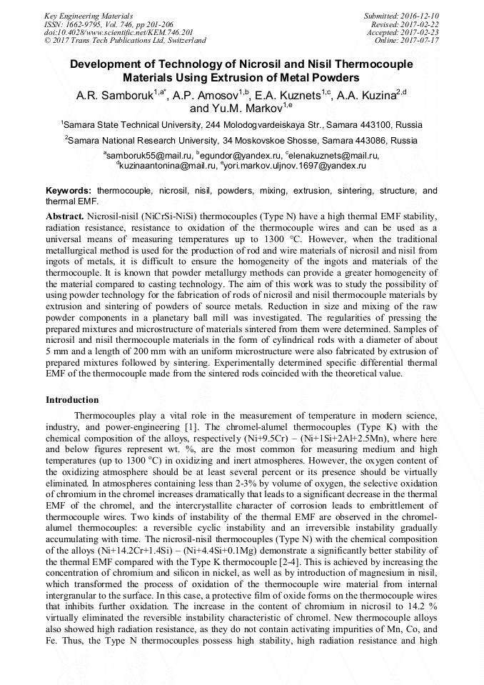 Development of Technology of Nicrosil and Nisil Thermocouple Materials ...