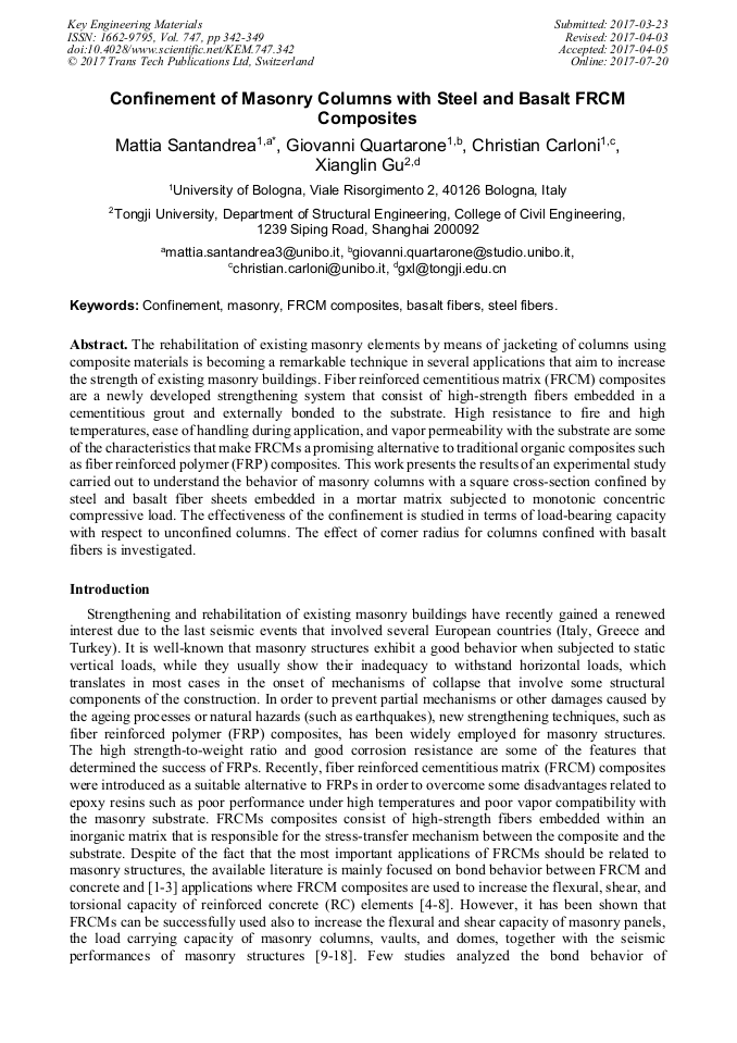 Confinement of Masonry Columns with Steel and Basalt FRCM Composites ...
